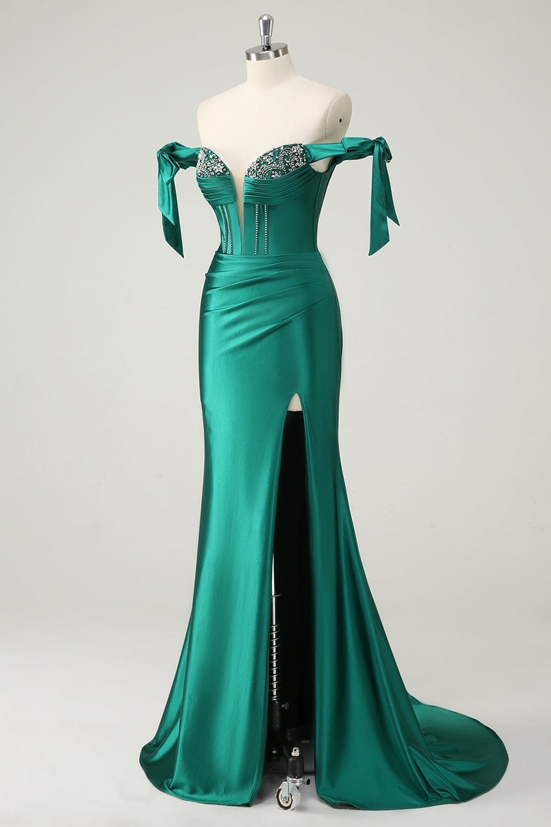 Zapaka Women Dark Green Prom Dress With Slit Mermaid Off The Shoulder Pleated Long Evening Dress ...