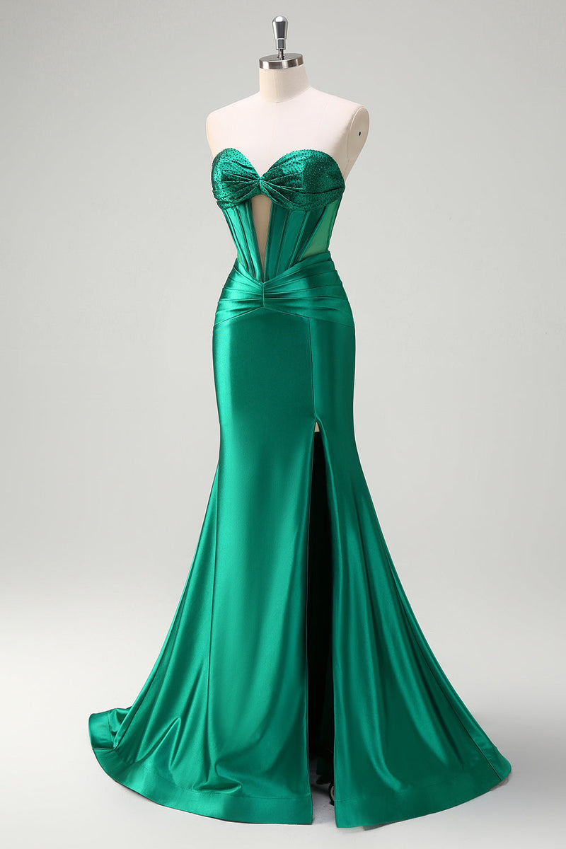 ZAPAKA Women Dark Green Long Prom Dress Mermaid Strapless Beaded Corset Satin Evening Dress with ...