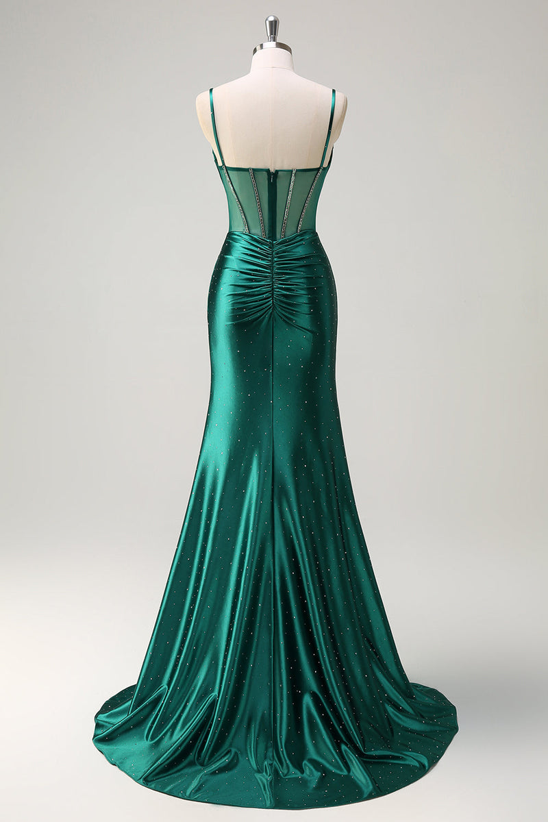 Zapaka Women Dark Green Long Prom Dress with Slit Mermaid Spaghetti Straps Corset Formal Dress ...