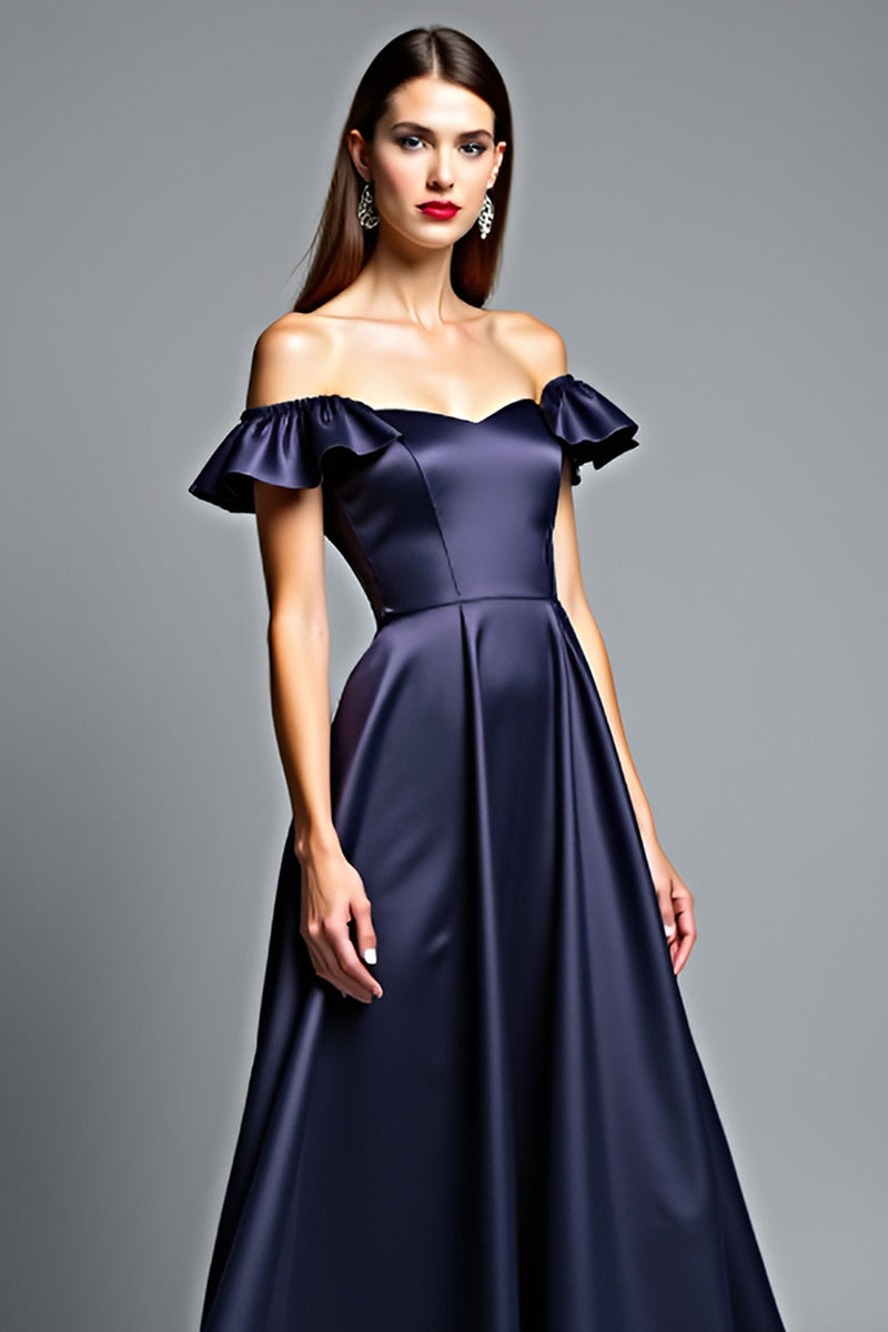 Zapaka Women Off the Shoulder Formal Dress Navy Satin A Line Long Evening Dress – ZAPAKA UK