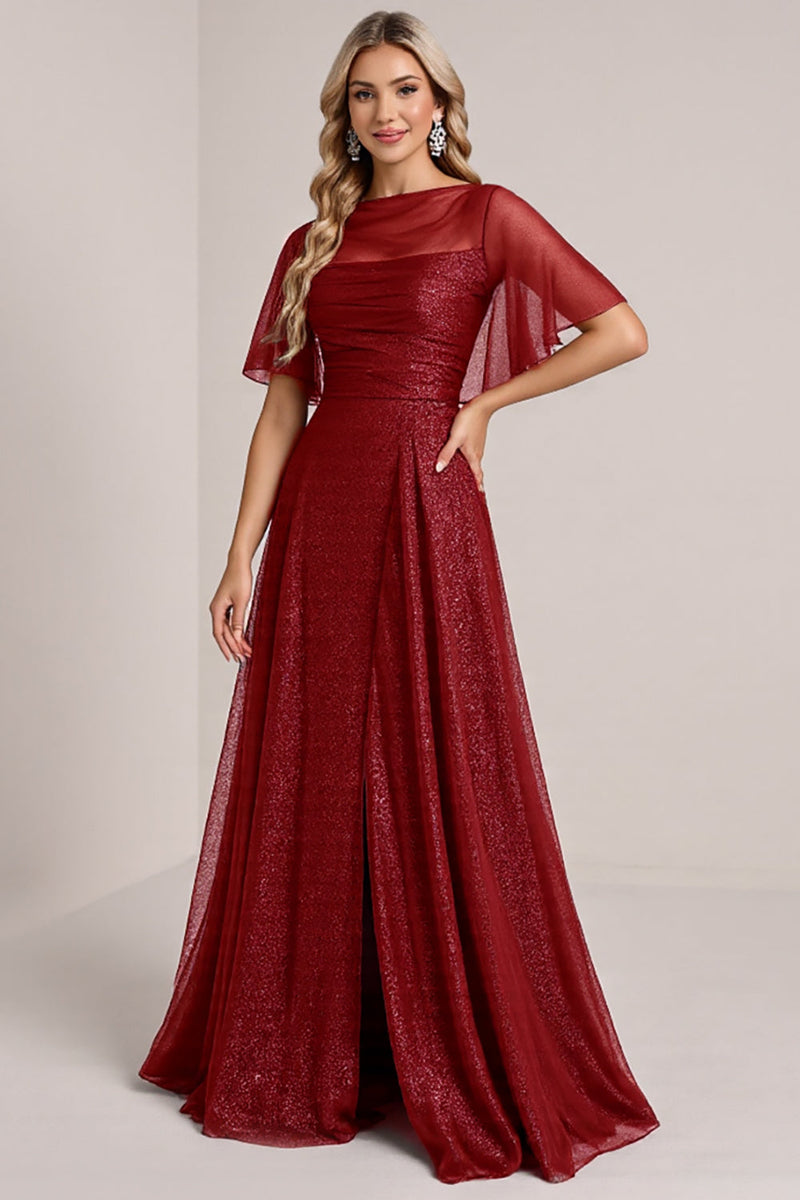 ZAPAKA Women Glitter Tulle Bridesmaid Dress Burgundy A Line Long Evening Dress – ZAPAKA UK