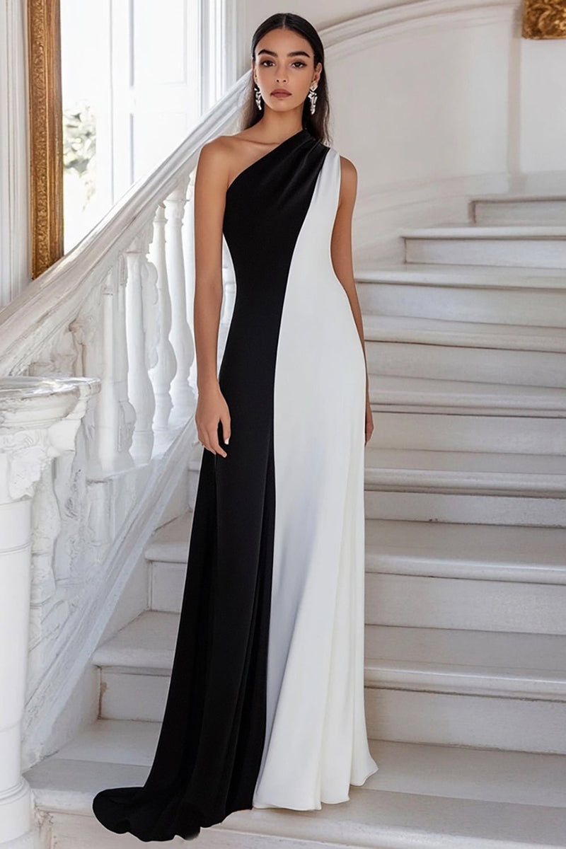 ZAPAKA Women One Shoulder Formal Dress Black And White A Line Long Evening Dress – ZAPAKA UK