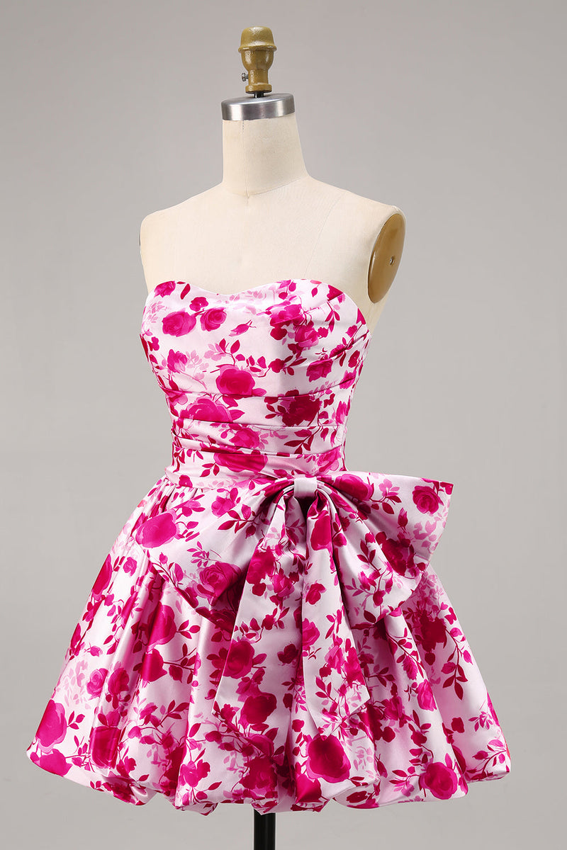 Zapaka Women Strapless Floral Graduation Dress with Bow Fuchsia Satin Printed A Line Ruched ...