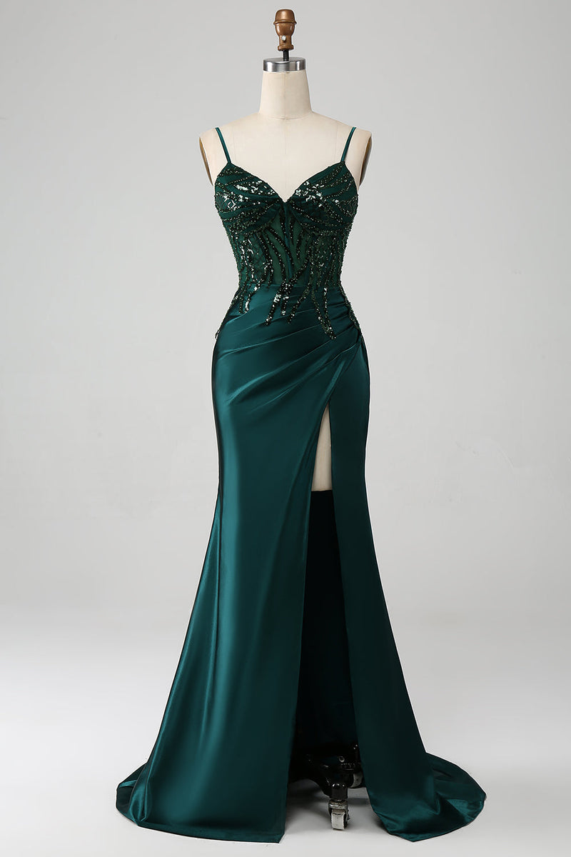 ZAPAKA Women Sparkly Dark Green Prom Dress Mermaid Spaghetti Straps Pleated Corset Party ...