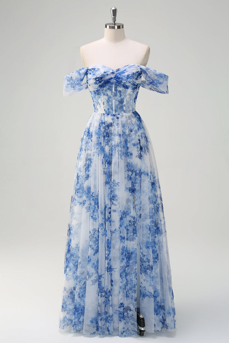 Zapaka Women White Blue Flower Prom Dress with Slit A-Line Off the ...