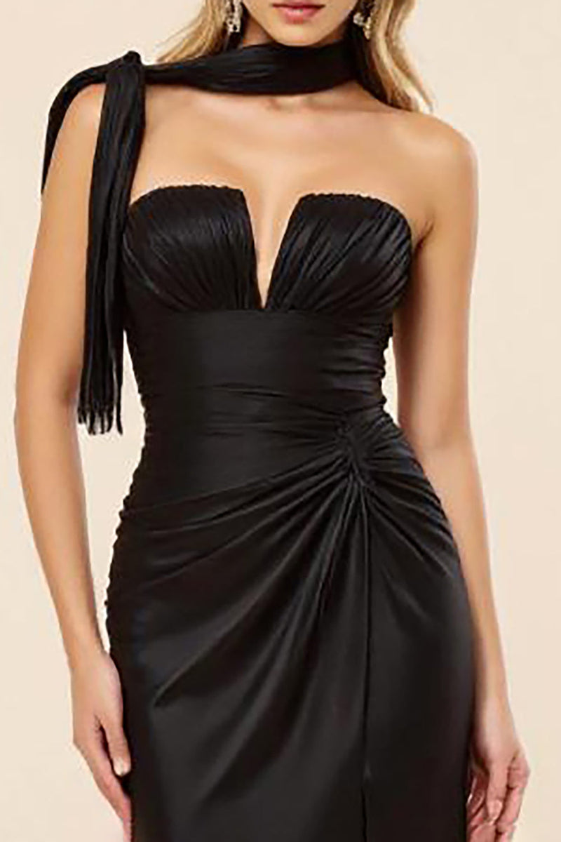 ZAPAKA Women Strapless Sheath Prom Dress Slit Ruched Satin Black Long Formal Dress – ZAPAKA UK