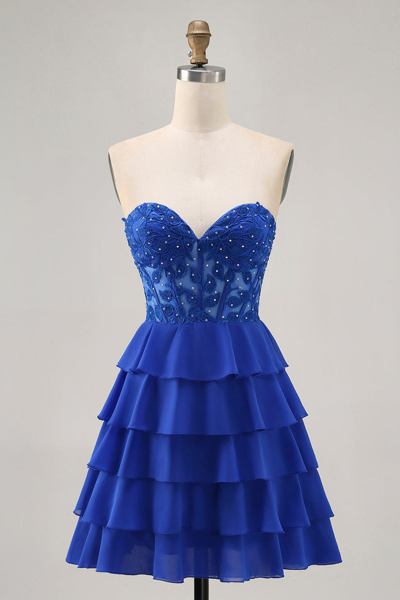 Zapaka Women Strapless Royal Blue Graduation Dress with Beading A-Line ...