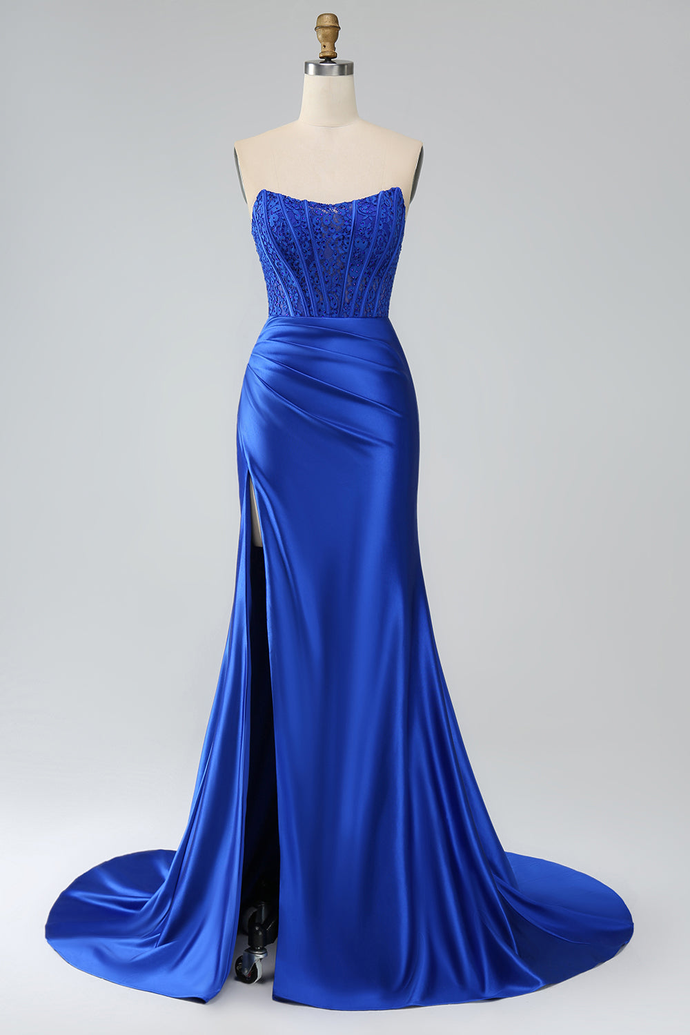 Zapaka Women Royal Blue Prom Dress Mermaid Strapless Long Corset Prom Dress with Slit – ZAPAKA UK