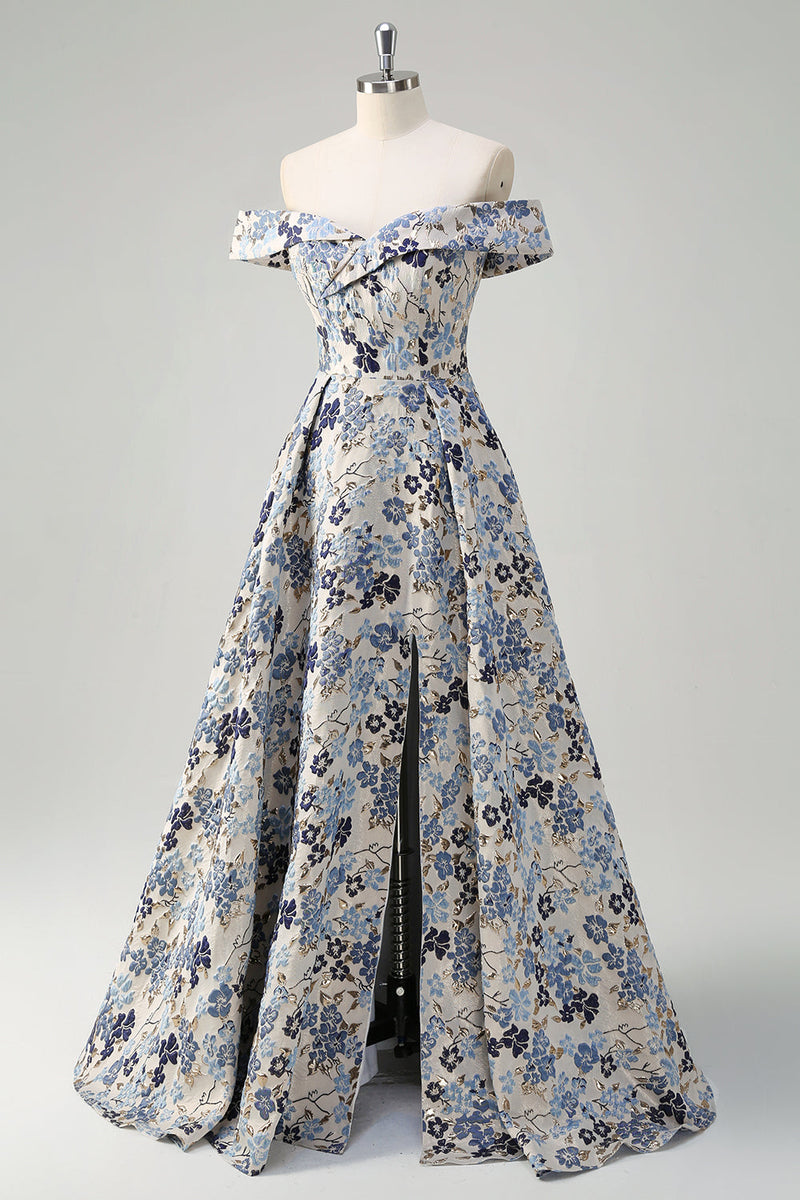 ZAPAKA Women Sparkly Blue Flower Prom Dress with Slit A Line Off The ...