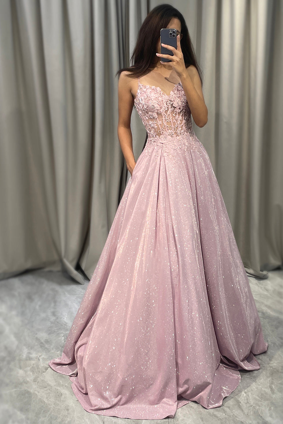 Zapaka Women Blush A Line Sparkly Corset Prom Dress with Appliques ...
