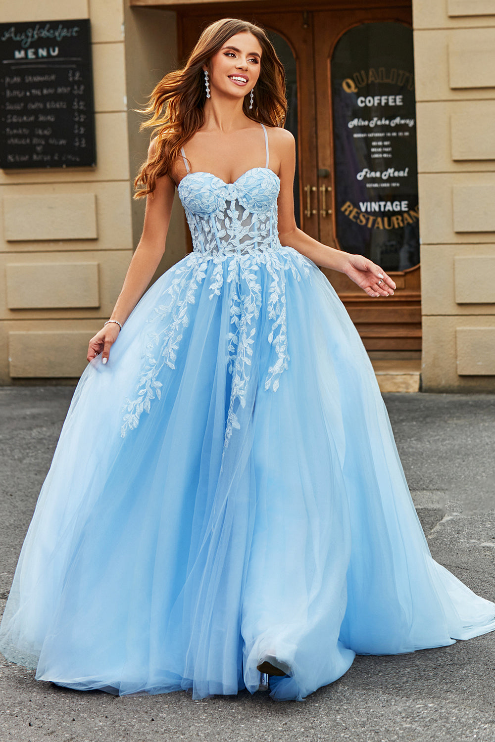 ZAPAKA Women Sky Blue Prom Dress with Appliques Tulle A-Line Spaghetti ...