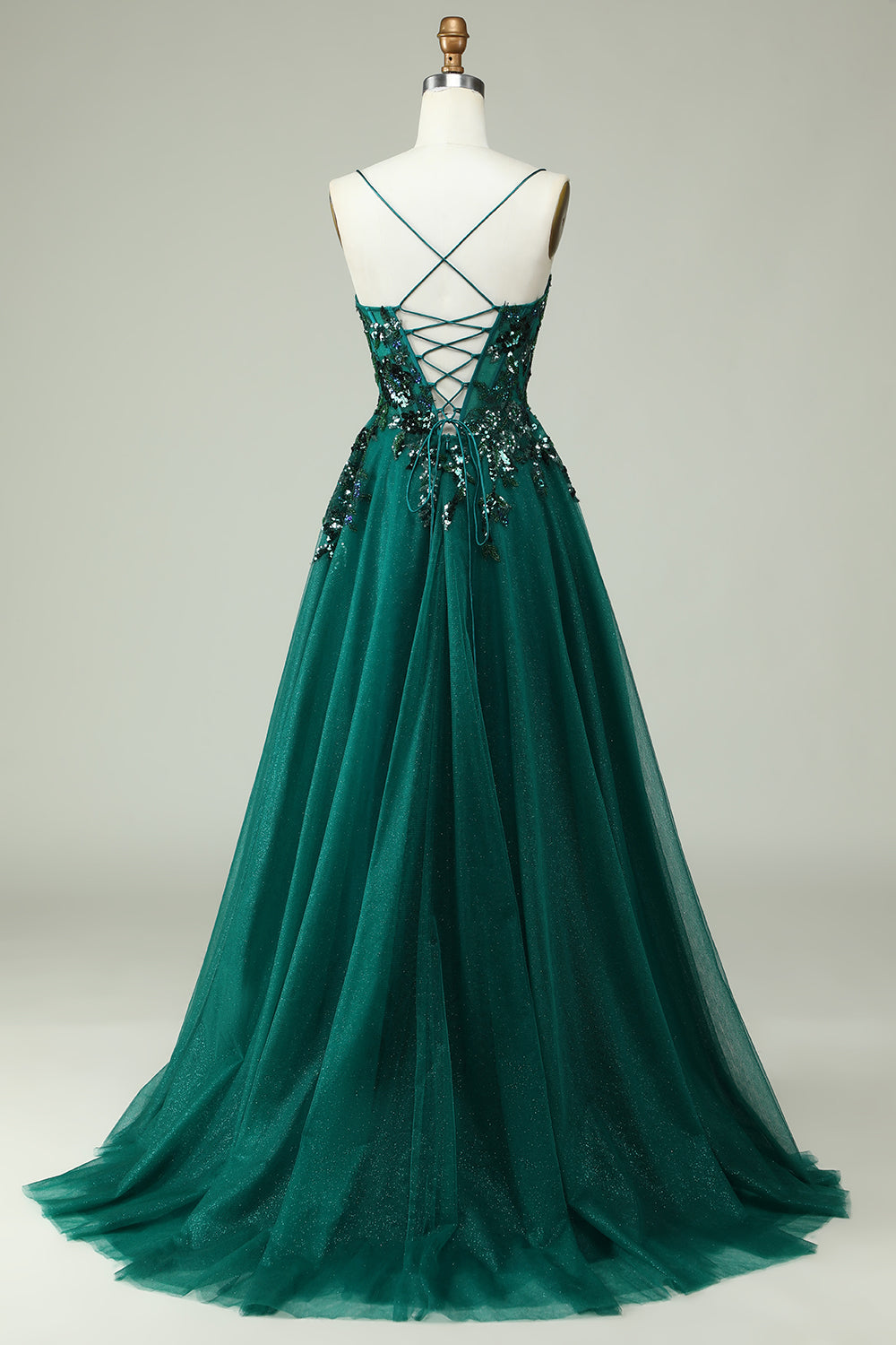 Zapaka Women Dark Green Corset Prom Dress A Line Spaghetti Straps Formal Dress with Appliques ...